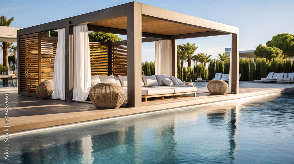 Beautiful, modern lunge area with concrete umbrella stand poolside ...