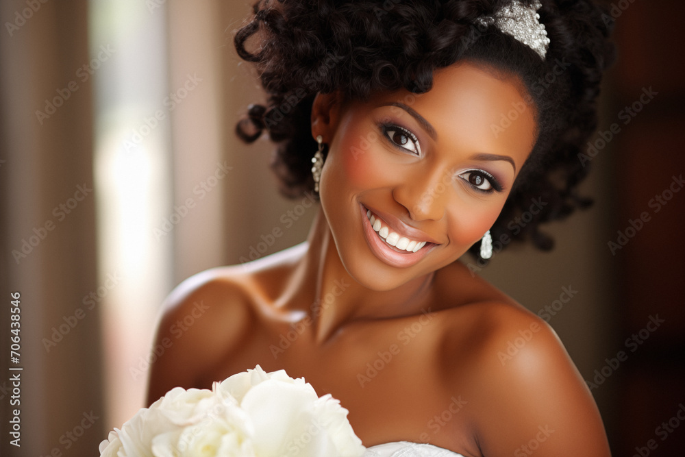 Beautiful Black wedding bride, girl posing and smiling on her wedding ...
