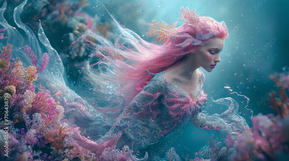 An ethereal mermaid queen with pink and turquoise mermaid skin ...