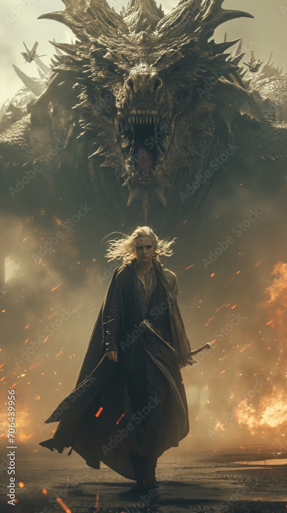 A fantasy photography of a superhero walking toward the camera with a ...