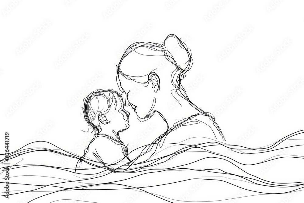 Happy mom with her female child in continuous line art drawing style ...