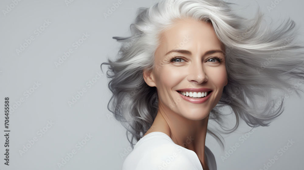 Mature woman with exuberant, flowing grey hair and a beaming smile ...
