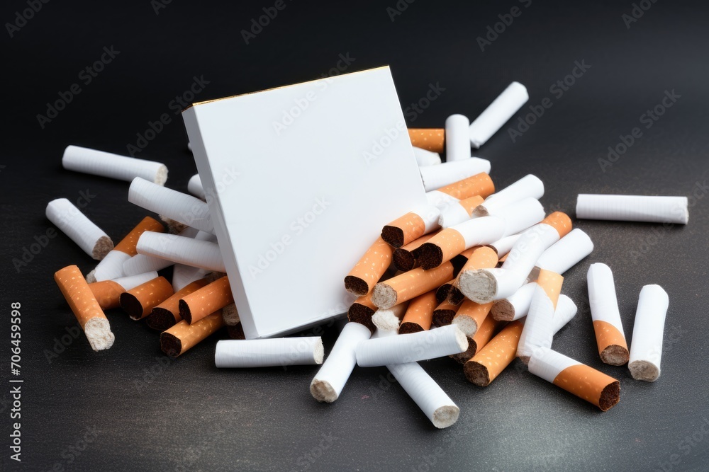 Nicotine chewing gum in blister pack mockup near pile of cigarettes ...