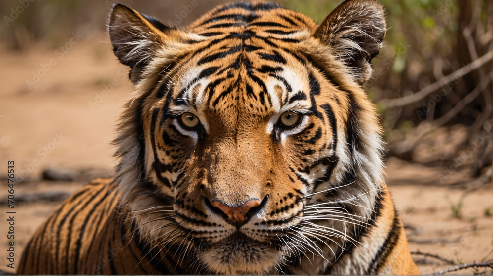 Close up of the face of an Amur Tiger Panthera tigris altaica, also ...