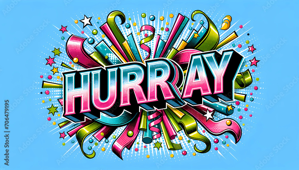 "HURRAY" in an exuberant, bold font, which is central to a burst of ...