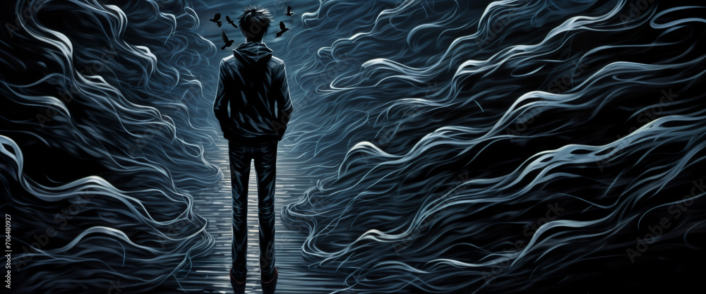 Teen in the dark. Fear and hope. Mental illness, depression, anxiety ...