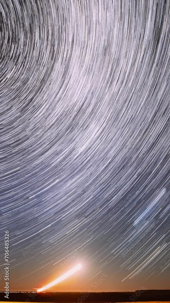 Spin Of Stars In Sky. Stars Rotate Of Sky Background. Track Trails ...