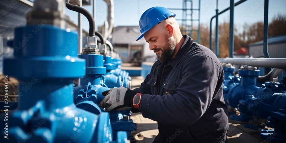An employee at a water facility checks valves for clean water ...