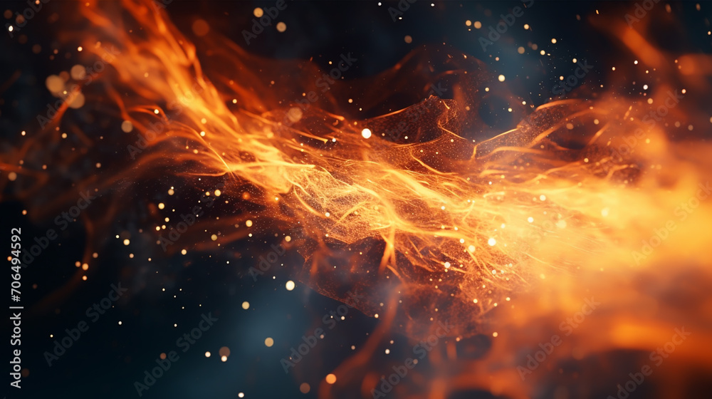 Burning red hot sparks rise from large fire in the night sky. Beautiful ...