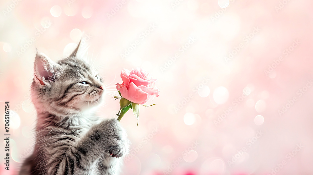 Cute kitten giving a red rose sitting on a delicate pastel background ...