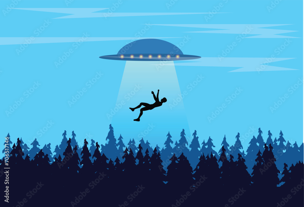 UFO Abducting a Human in the Forest Flat Style. Space exploration and ...