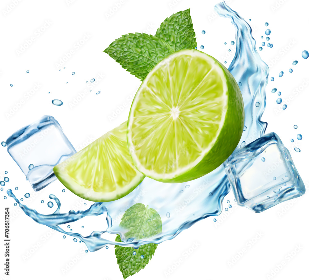 Mojito, ice cubes, lime fruit, realistic water splash and mint leaves. 3d vector beverage wave ...