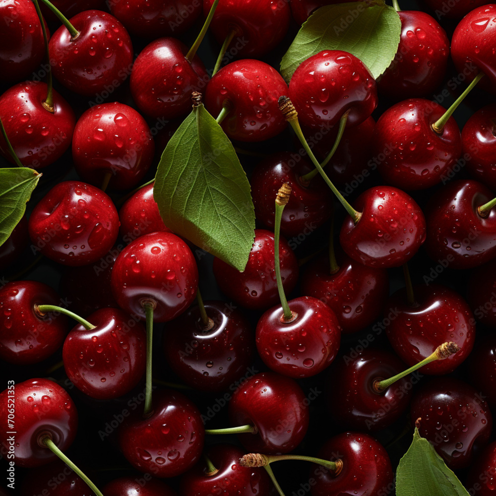 Fotografia con detalle y textura de multitud de cerezas de color rojo ...