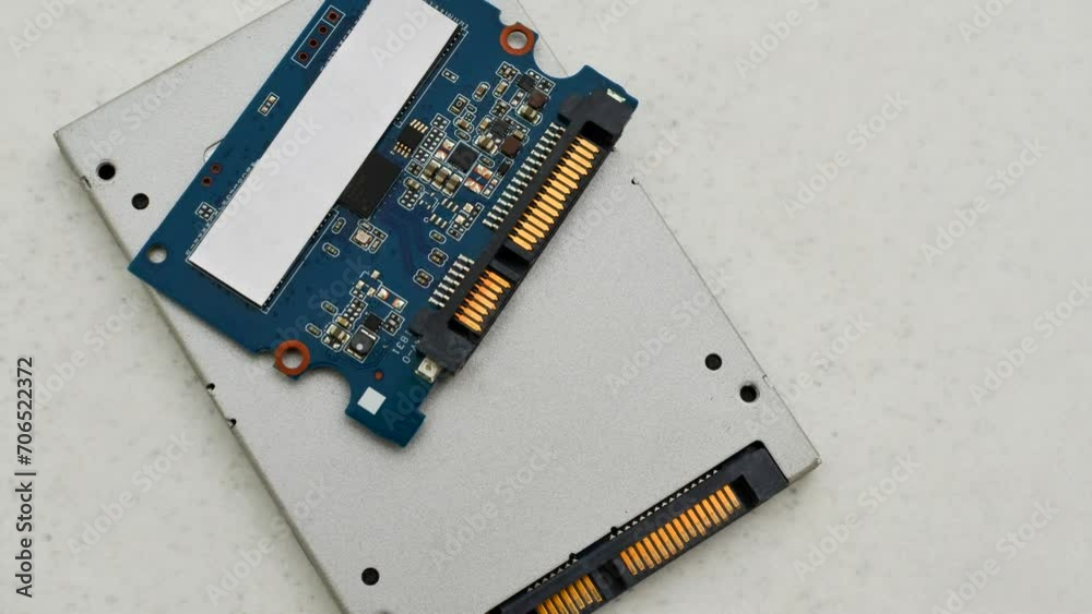 Close-up of an SSD circuit board, showcasing the complexity and ...