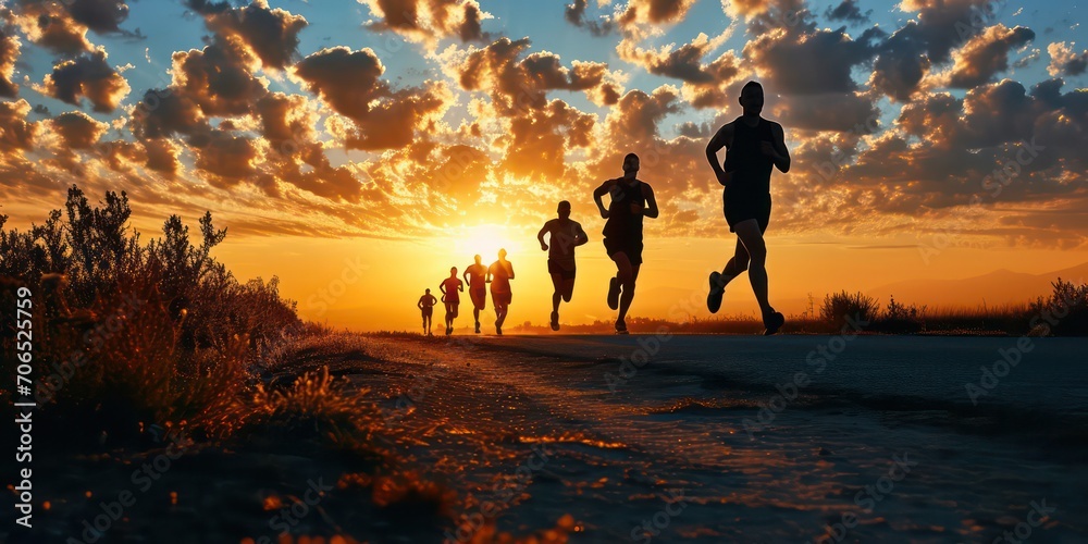 The black silhouettes of marathon runners against the backdrop of a ...