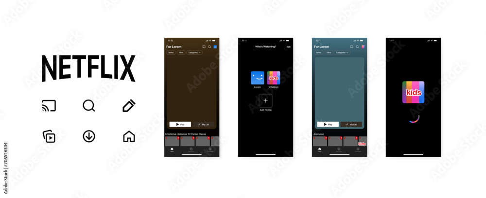 Netflix interface. Movie service pages mockup template. Editorial ...