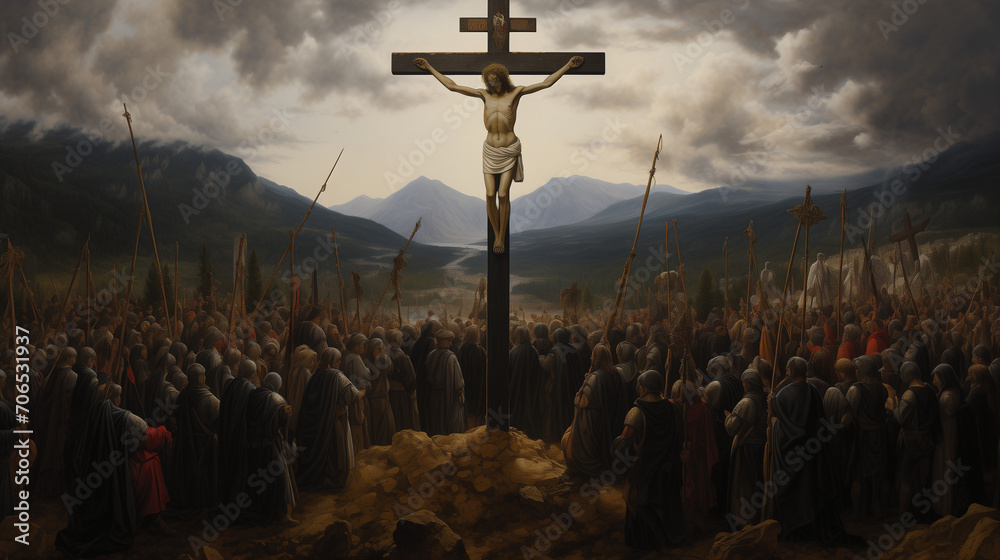 Christian Holy Week as a multitude gathers around the cross, depicting ...