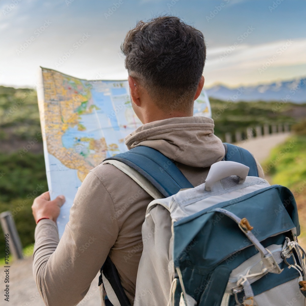 Primer plano de una mochila de viajes y una persona de espaldas que ...