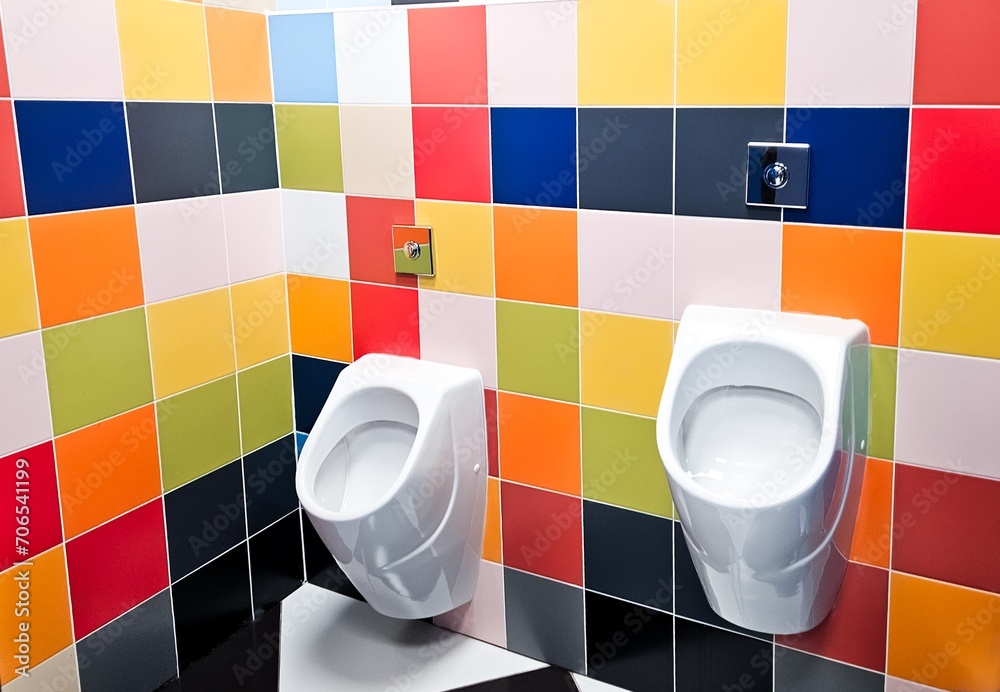 Shared family bright restroom with two pisuars in shopping center, mall ...