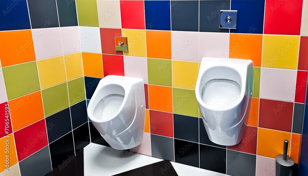 Shared family bright restroom with two pisuars in shopping center, mall ...