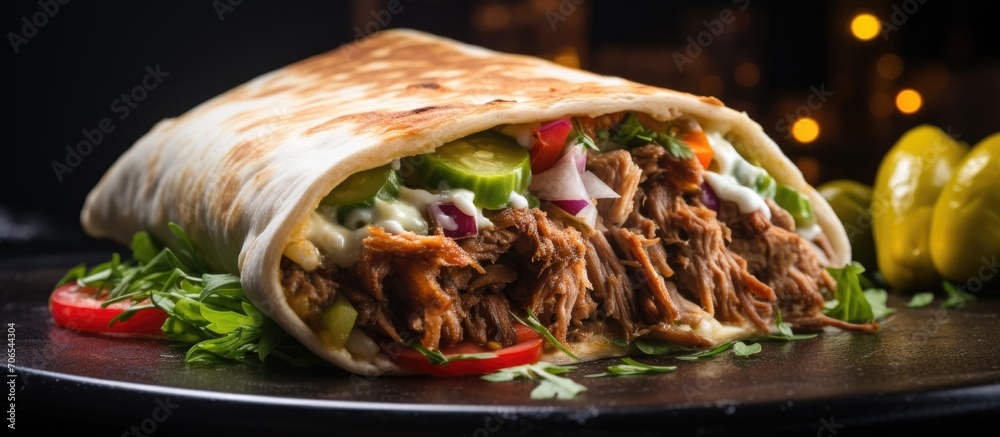 Tasty street snack with veal and vegetables in a doner kebab pocket ...