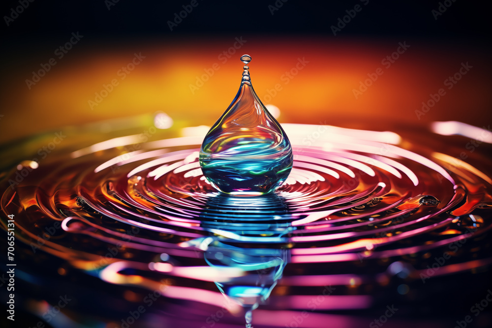 Falling drop on water surface with splash and riddles, liquid droplet ...