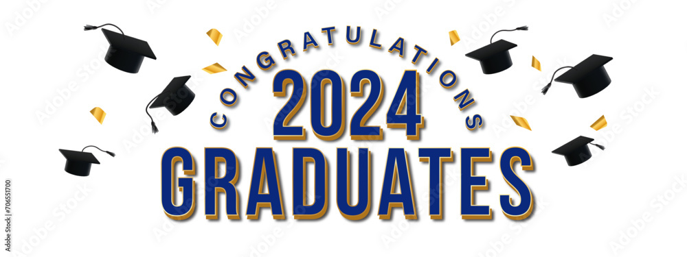 2024 Congratulations Graduates in Blue and Gold. Confetti and Thrown ...
