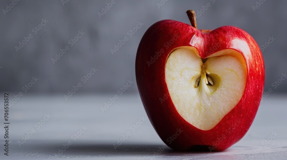 a close up of a red apple with a bite taken out of it's core and a bite ...