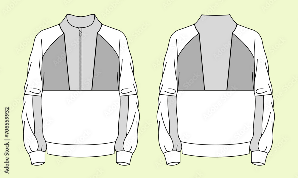 Athleisure cut and sew funnel neck half zip long sleeve jacket flat ...