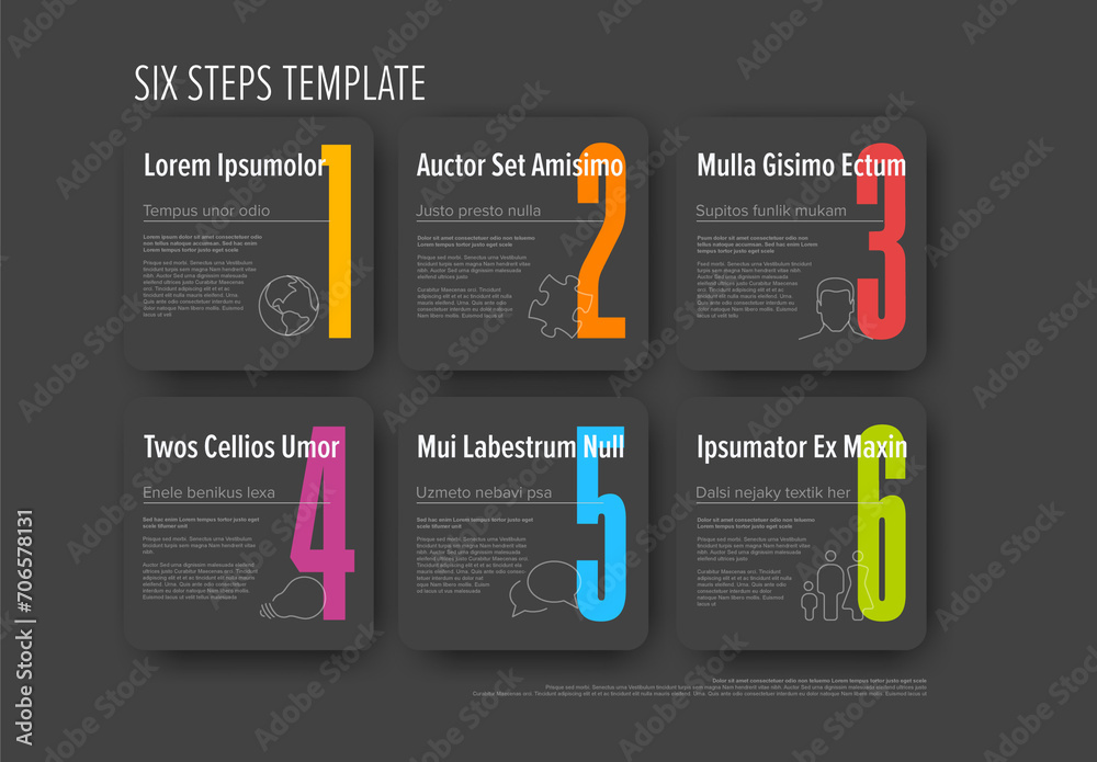 Dark progress six steps template with big numbers, descriptions and ...