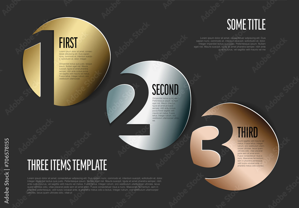 Simple dark metallic three items infographic template - golden silver ...