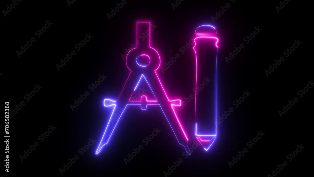 Neon Compas and pencil neon sign and icon. 3D illustration of Compas ...