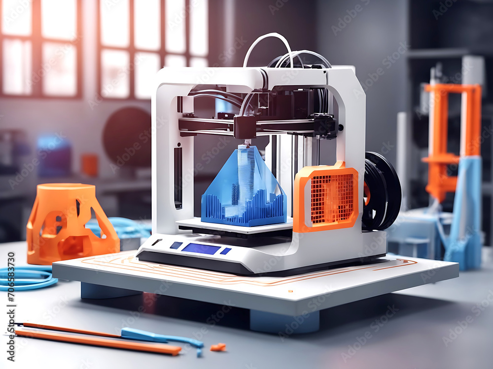 3D printer on workplace of engineer maker with abstract tech schema of ...