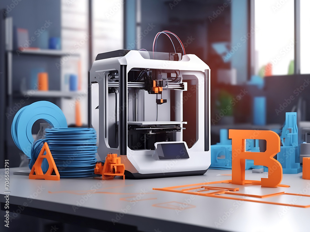 3D printer on workplace of engineer maker with abstract tech schema of ...