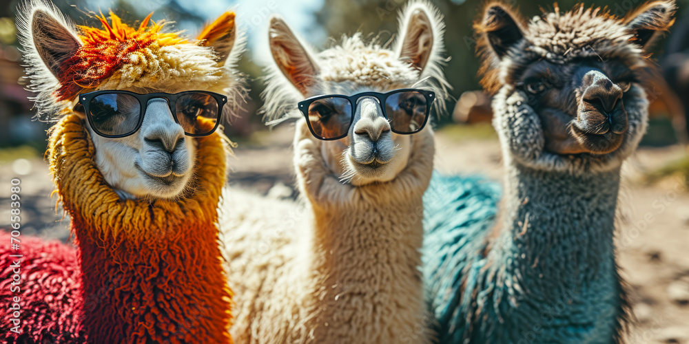 Gruppe positiver Alpakas oder Lamas in verschiedenen Farben, lustige ...