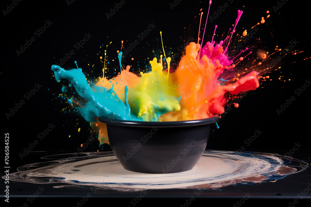 ภาพประกอบสต็อก splashes on black background. white bucket with colorful ...
