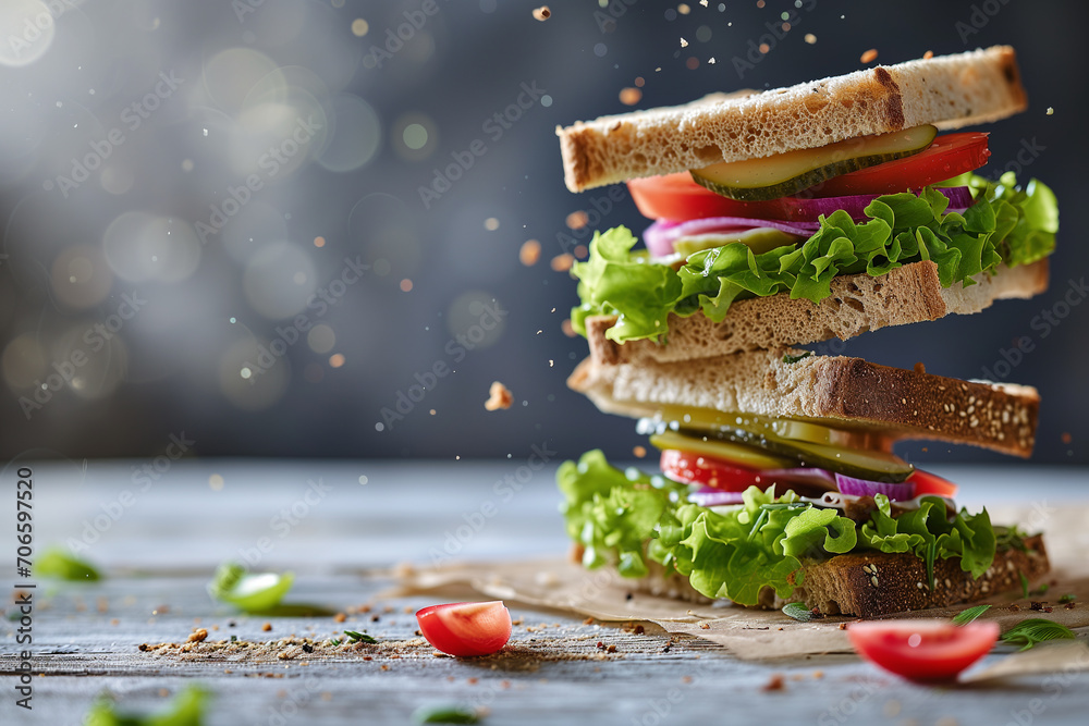 deconstructed sandwich layers in kitchen. Delicious Sandwich with ...