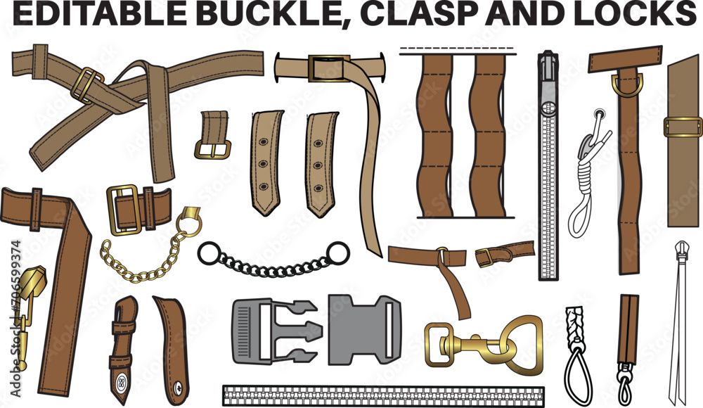 Buckles, Sliders and clasps flat sketch vector illustration set ...