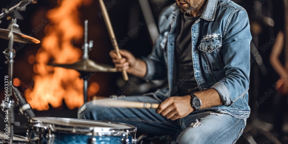 Unleashing the Beat: Drummer Playing a Fiery Drum Set, Creating Rock ...