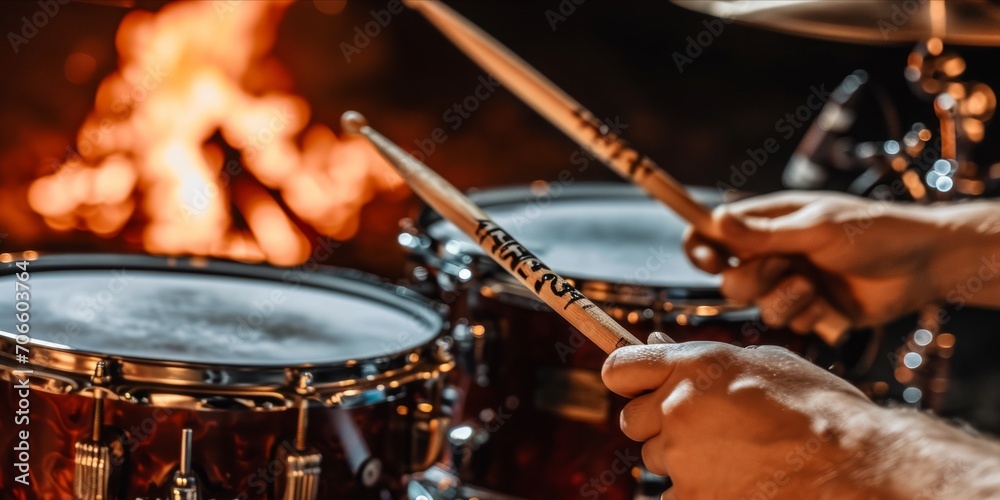 Unleashing the Beat: Drummer Playing a Fiery Drum Set, Creating Rock ...