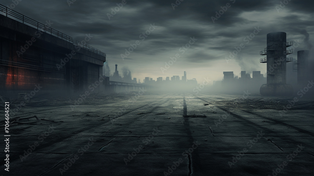 Apocalyptic Scene with Foggy Concrete Ground A post-apocalyptic setting ...