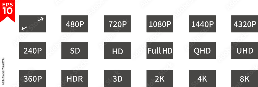 Screen resolution icon set. Monitor size symbol. Hd, FHD, UHD, 4K, 8K ...