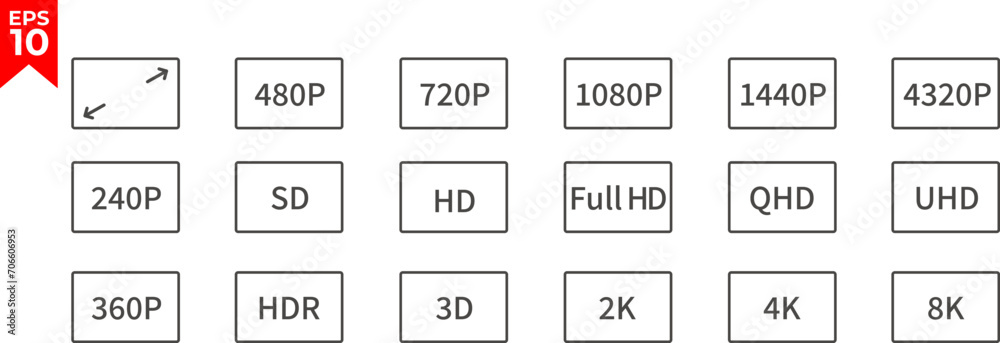 Screen resolution icon set. Monitor size symbol. Hd, FHD, UHD, 4K, 8K ...