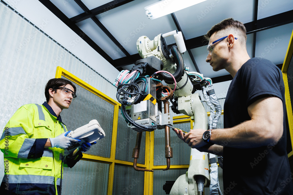 automation machine engineer students study and inspection control robot arm machine in robotics ...