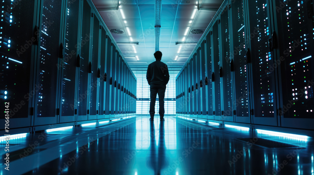Silhouette of a person standing in the middle of a data center aisle ...