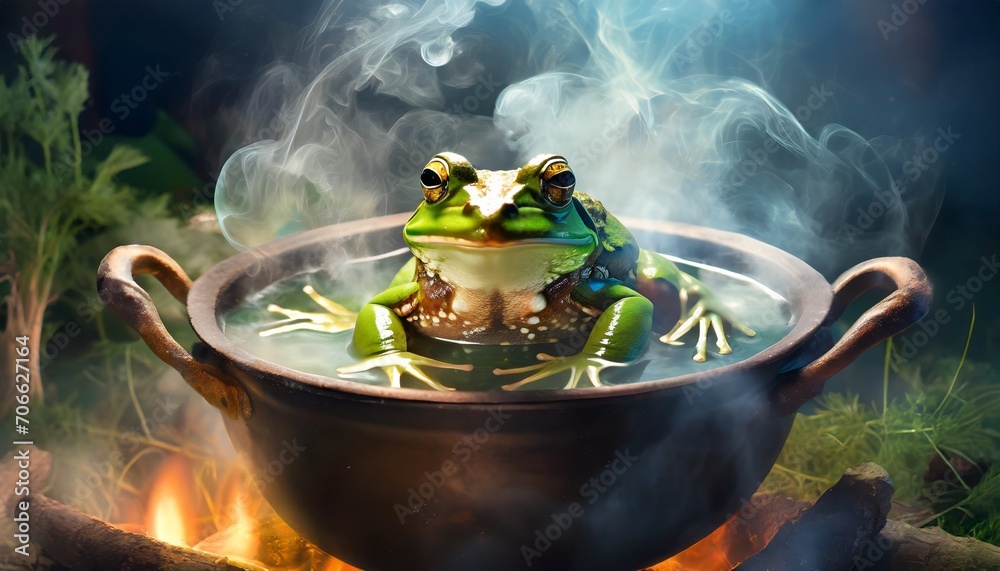 an enchanted frog prince from a fairy tale being boiled in a pot or ...