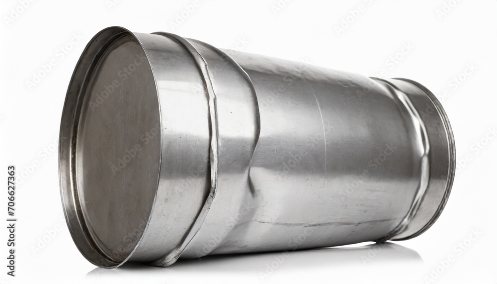 crumpled silver metal barrel white background isolated closeup dented ...