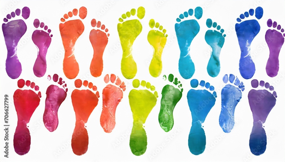 rainbow color human footprints way white background isolated colorful ...