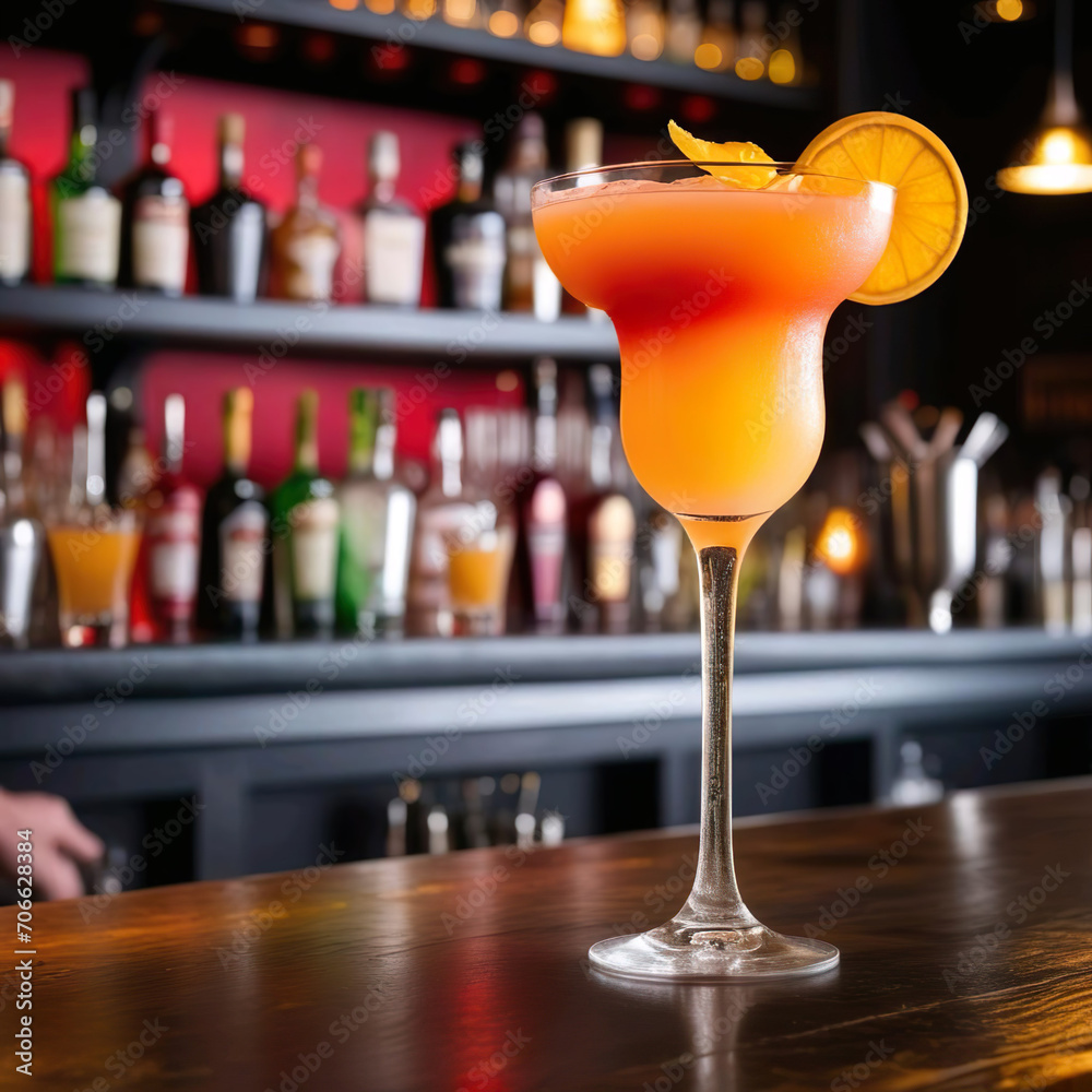 Copa con un cóctel de color naranja sobre la barra de un bar con unas ...