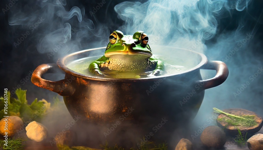 an enchanted frog prince from a fairy tale being boiled in a pot or cauldron submerged in water ...